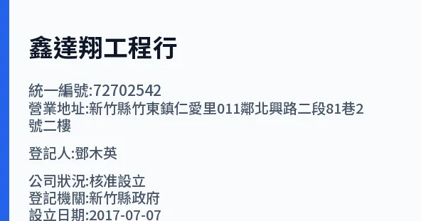 鑫達翔工程行的照片-統編 72702542(新竹縣) 公司登記資料與營業項目詳細圖表