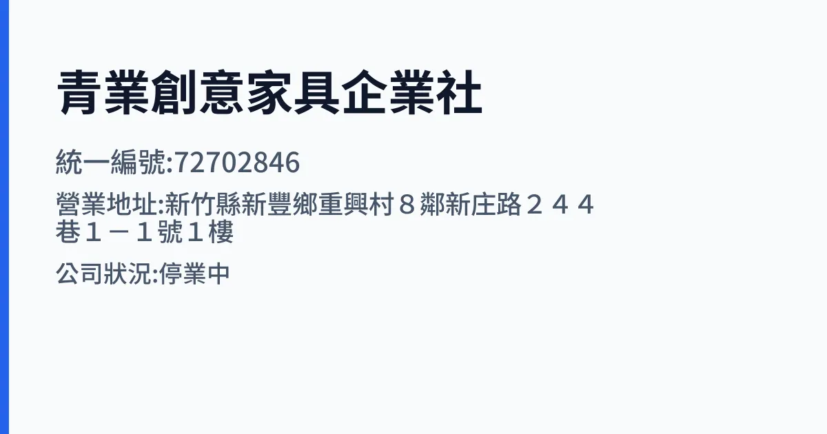 青業創意家具企業社 - 統編 72702846(新竹縣) 公司登記資料與營業項目詳細圖表