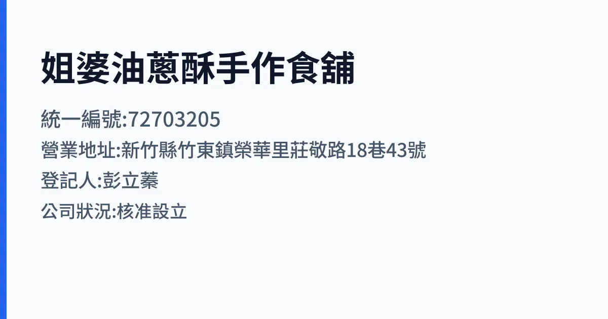 姐婆油蔥酥手作食舖 - 統編 72703205(新竹縣) 公司登記資料與營業項目詳細圖表
