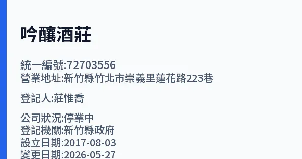 吟釀酒莊的照片-統編 72703556(新竹縣) 公司登記資料與營業項目詳細圖表