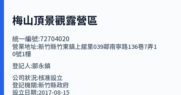 梅山頂景觀露營區的照片-統編 72704020(新竹縣) 公司登記資料與營業項目詳細圖表