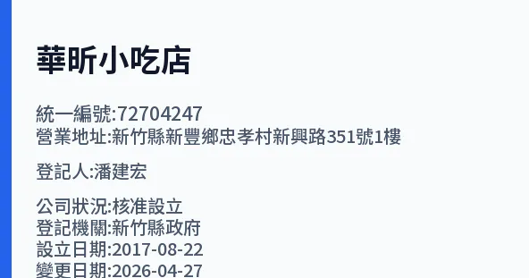 華昕小吃店的照片-統編 72704247(新竹縣) 公司登記資料與營業項目詳細圖表