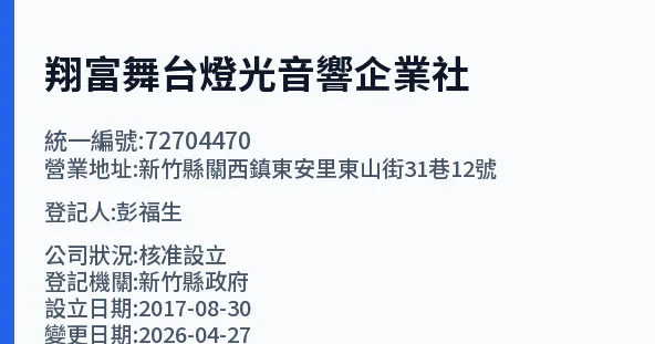 翔富舞台燈光音響企業社的照片-統編 72704470(新竹縣) 公司登記資料與營業項目詳細圖表