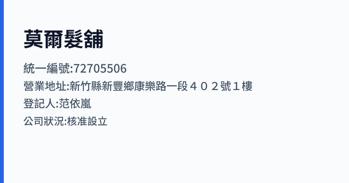 莫爾髮舖 - 統編 72705506(新竹縣) 公司登記資料與營業項目詳細圖表
