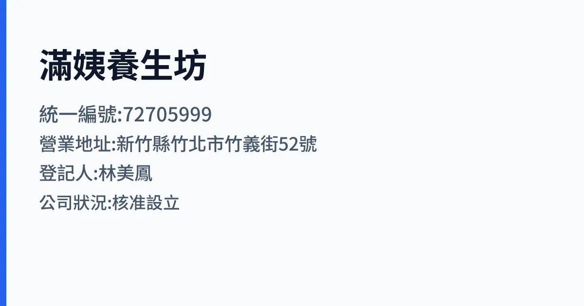 滿姨養生坊 - 統編 72705999(新竹縣) 公司登記資料與營業項目詳細圖表