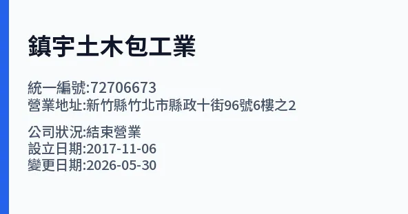 鎮宇土木包工業的照片-統編 72706673(新竹縣) 公司登記資料與營業項目詳細圖表