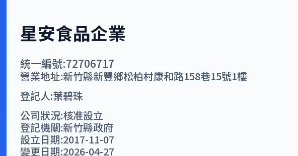 星安食品企業的照片-統編 72706717(新竹縣) 公司登記資料與營業項目詳細圖表