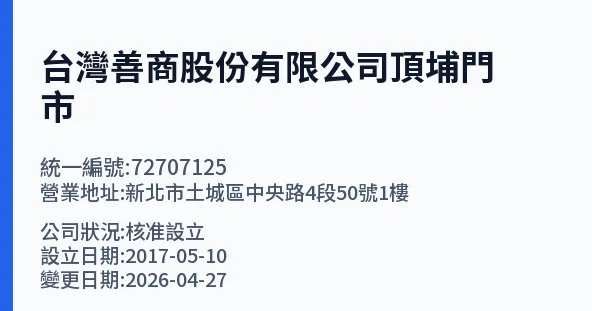 台灣善商股份有限公司頂埔門市的照片-統編 72707125(新北市) 公司登記資料與營業項目詳細圖表
