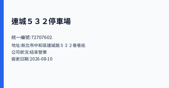 連城532停車場的照片-統編 72707602(新北市) 公司登記資料與營業項目詳細圖表