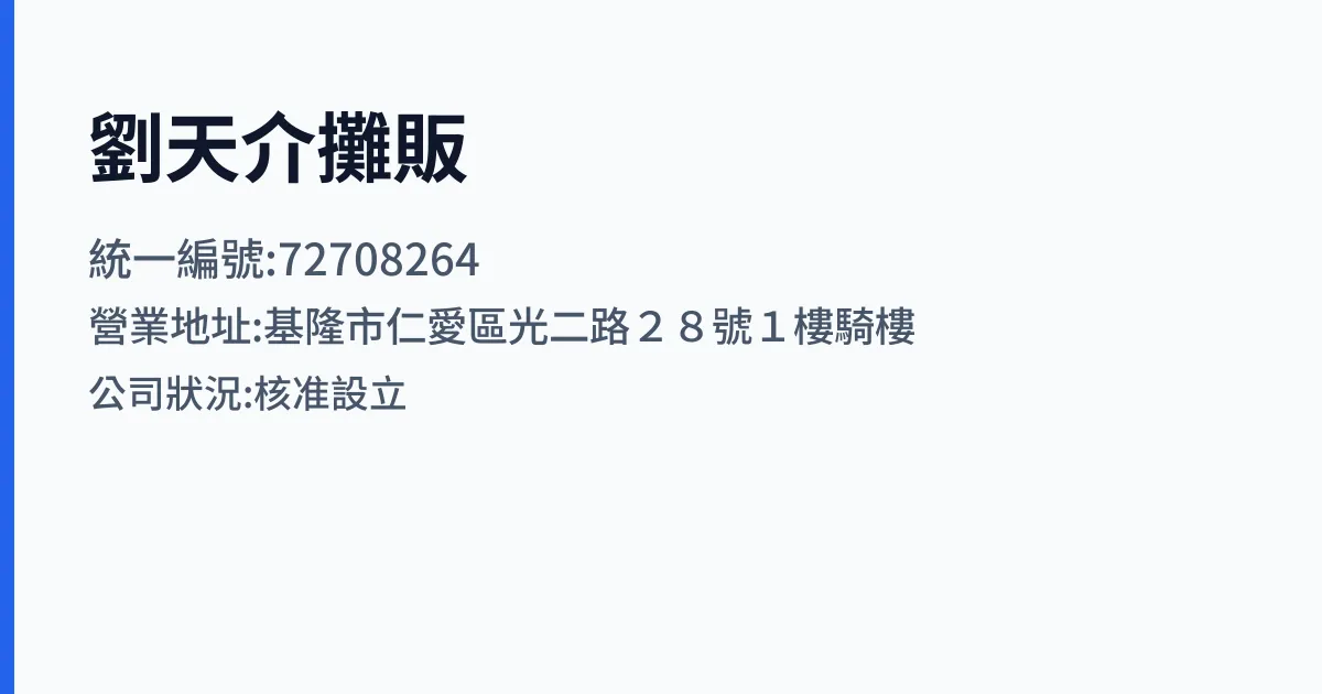 劉天介攤販 - 統編 72708264(基隆市) 公司登記資料與營業項目詳細圖表
