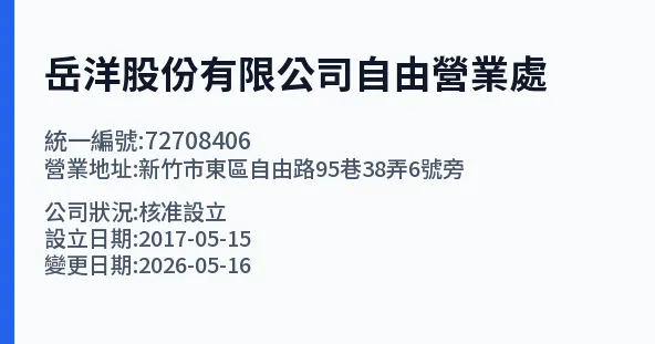 岳洋股份有限公司自由營業處的照片-統編 72708406(新竹市) 公司登記資料與營業項目詳細圖表