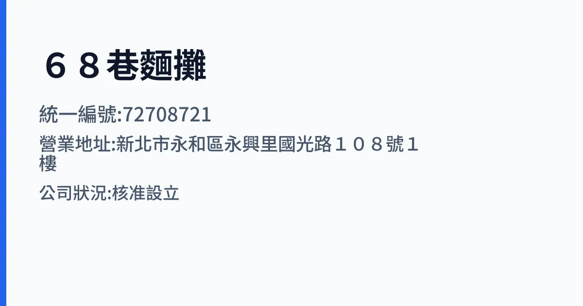 ６８巷麵攤 - 統編 72708721(新北市) 公司登記資料與營業項目詳細圖表