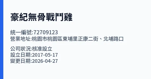豪紀無骨戰鬥雞的照片-統編 72709123(桃園市) 公司登記資料與營業項目詳細圖表