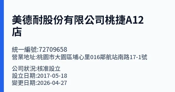 美德耐股份有限公司桃捷A12店的照片-統編 72709658(桃園市) 公司登記資料與營業項目詳細圖表