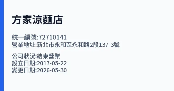 方家涼麵店的照片-統編 72710141(新北市) 公司登記資料與營業項目詳細圖表