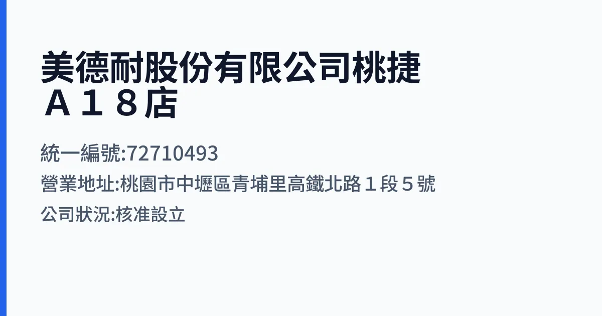 美德耐股份有限公司桃捷Ａ１８店 - 統編 72710493(桃園市) 公司登記資料與營業項目詳細圖表