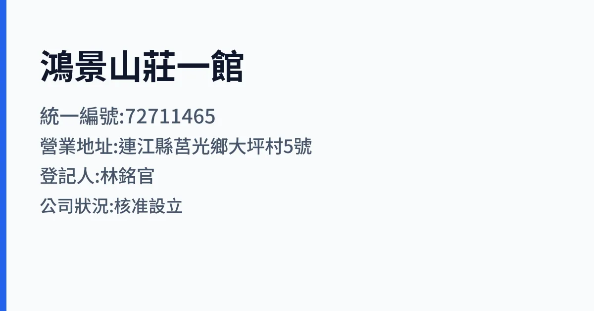 鴻景山莊一館 - 統編 72711465(連江縣) 公司登記資料與營業項目詳細圖表