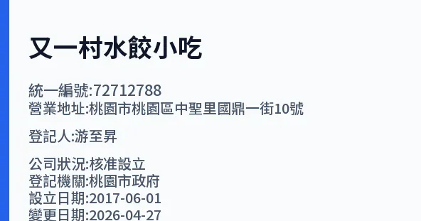 又一村水餃小吃的照片-統編 72712788(桃園市) 公司登記資料與營業項目詳細圖表