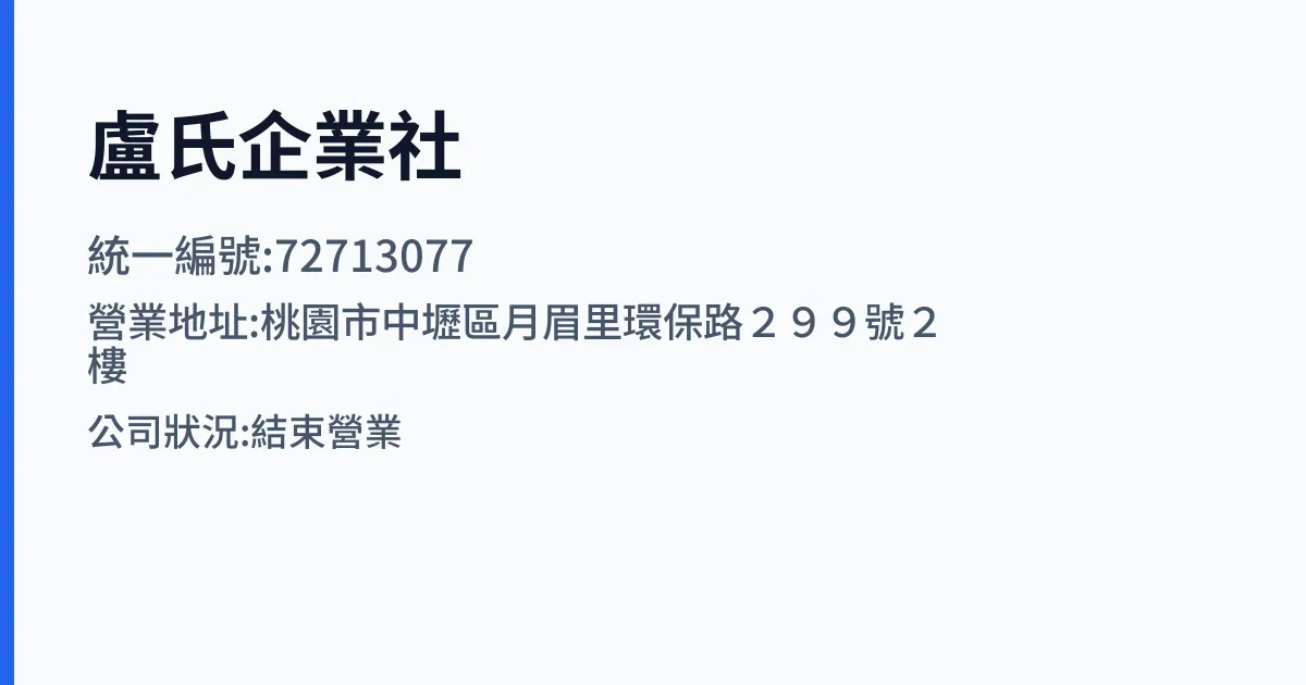盧氏企業社 - 統編 72713077(桃園市) 公司登記資料與營業項目詳細圖表