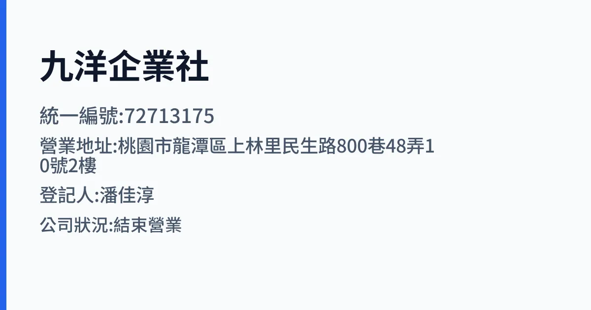 九洋企業社 - 統編 72713175(桃園市) 公司登記資料與營業項目詳細圖表