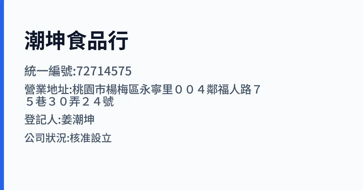 潮坤食品行 - 統編 72714575(桃園市) 公司登記資料與營業項目詳細圖表