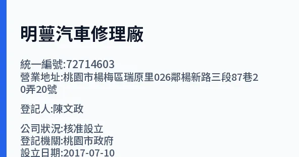 明蘴汽車修理廠的照片-統編 72714603(桃園市) 公司登記資料與營業項目詳細圖表