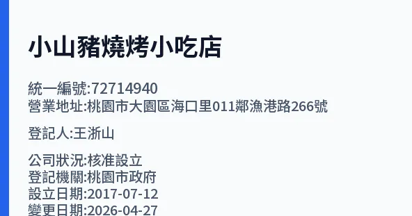 小山豬燒烤小吃店的照片-統編 72714940(桃園市) 公司登記資料與營業項目詳細圖表