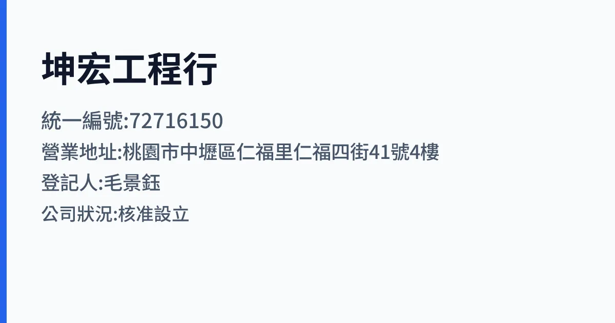 坤宏工程行 - 統編 72716150(桃園市) 公司登記資料與營業項目詳細圖表