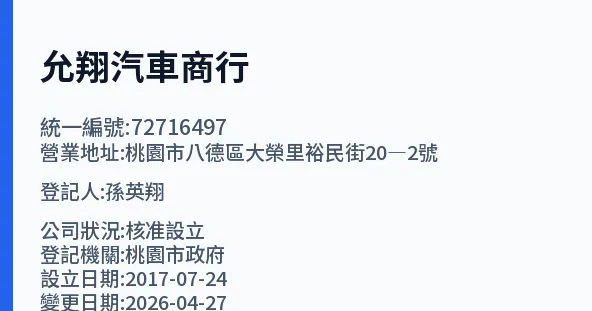 允翔汽車商行的照片-統編 72716497(桃園市) 公司登記資料與營業項目詳細圖表