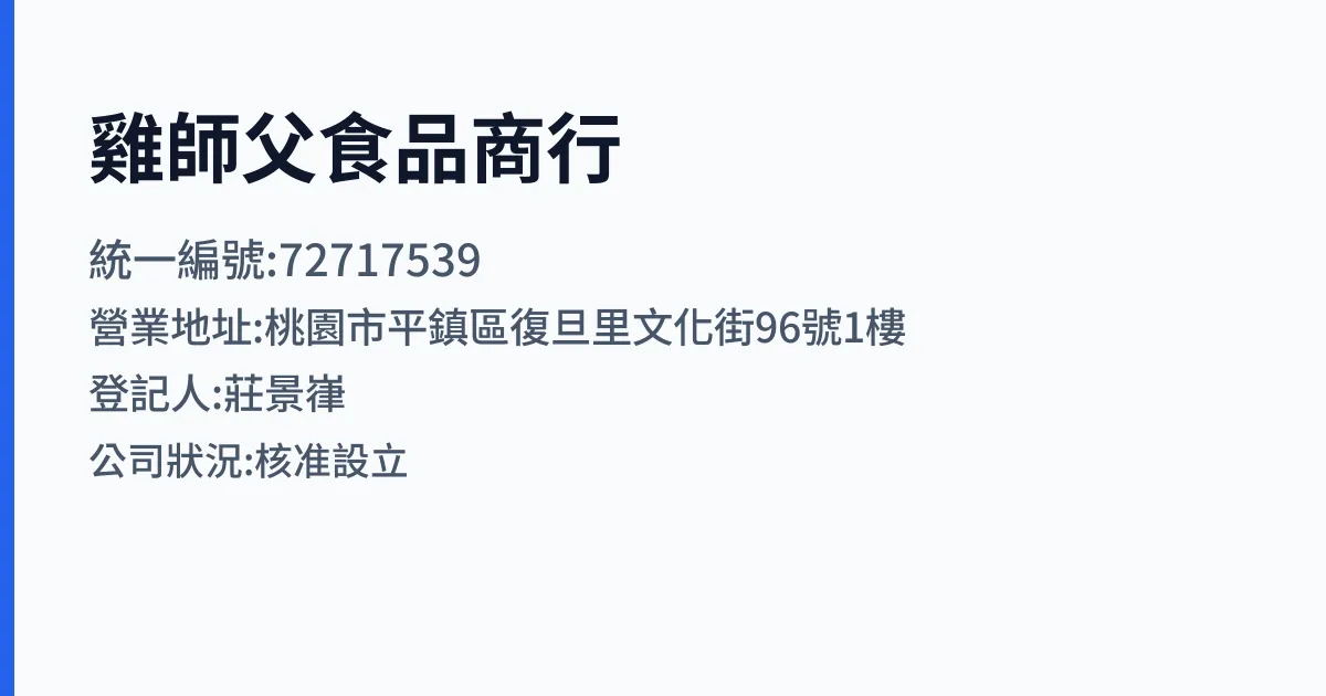 雞師父食品商行 - 統編 72717539(桃園市) 公司登記資料與營業項目詳細圖表