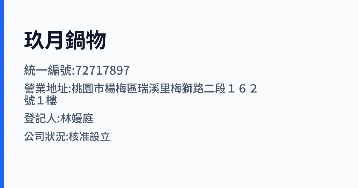 玖月鍋物 - 統編 72717897(桃園市) 公司登記資料與營業項目詳細圖表
