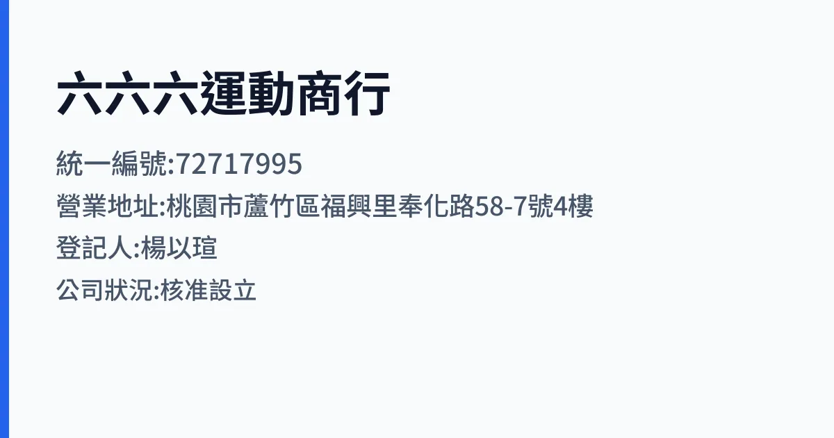 六六六運動商行 - 統編 72717995(桃園市) 公司登記資料與營業項目詳細圖表