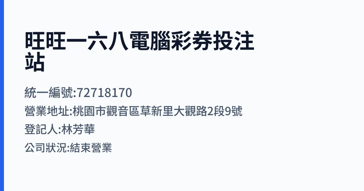 旺旺一六八電腦彩券投注站 - 統編 72718170(桃園市) 公司登記資料與營業項目詳細圖表