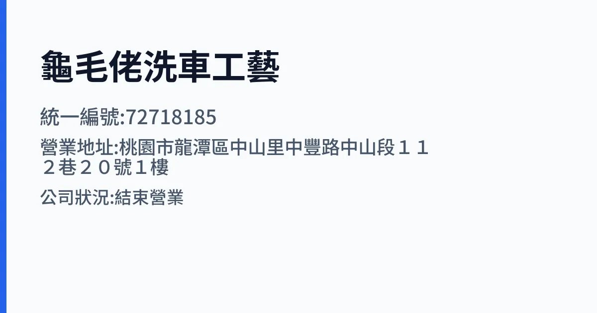 龜毛佬洗車工藝 - 統編 72718185(桃園市) 公司登記資料與營業項目詳細圖表