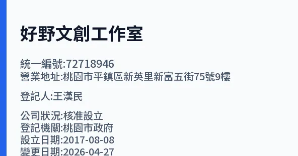 好野文創工作室的照片-統編 72718946(桃園市) 公司登記資料與營業項目詳細圖表