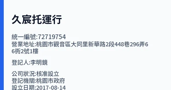 久宸托運行的照片-統編 72719754(桃園市) 公司登記資料與營業項目詳細圖表