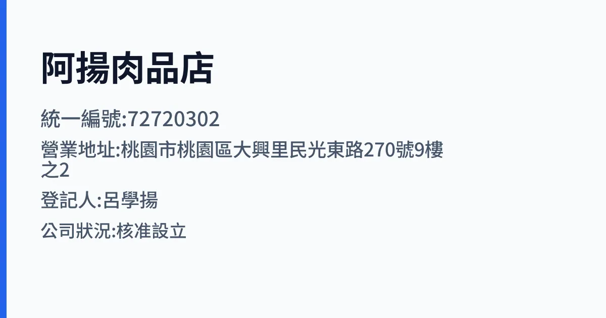 阿揚肉品店 - 統編 72720302(桃園市) 公司登記資料與營業項目詳細圖表