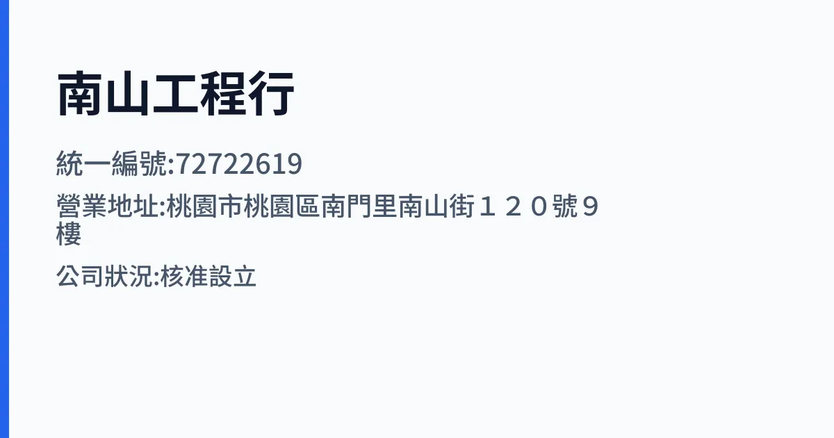 南山工程行 - 統編 72722619(桃園市) 公司登記資料與營業項目詳細圖表