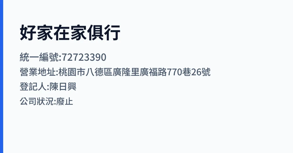 好家在家俱行 - 統編 72723390(桃園市) 公司登記資料與營業項目詳細圖表