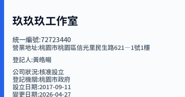 玖玖玖工作室的照片-統編 72723440(桃園市) 公司登記資料與營業項目詳細圖表
