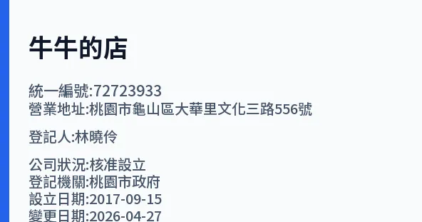 牛牛的店的照片-統編 72723933(桃園市) 公司登記資料與營業項目詳細圖表