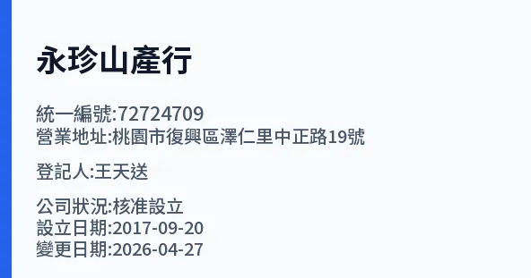 永珍山產行的照片-統編 72724709(桃園市) 公司登記資料與營業項目詳細圖表