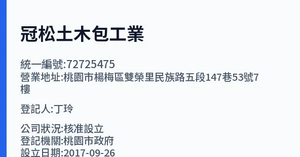 冠松土木包工業的照片-統編 72725475(桃園市) 公司登記資料與營業項目詳細圖表