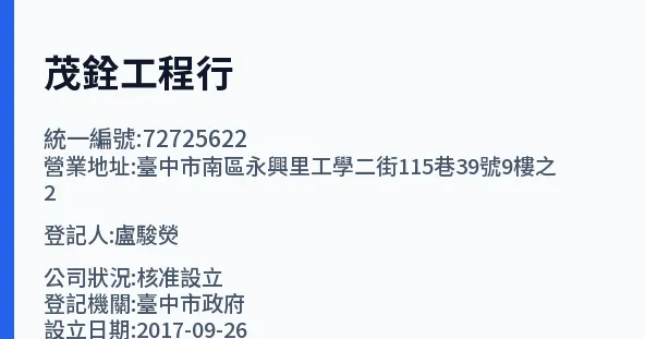 茂銓工程行的照片-統編 72725622(臺中市) 公司登記資料與營業項目詳細圖表