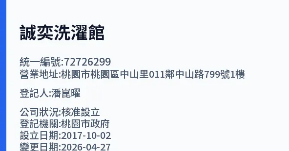 誠奕洗濯館的照片-統編 72726299(桃園市) 公司登記資料與營業項目詳細圖表