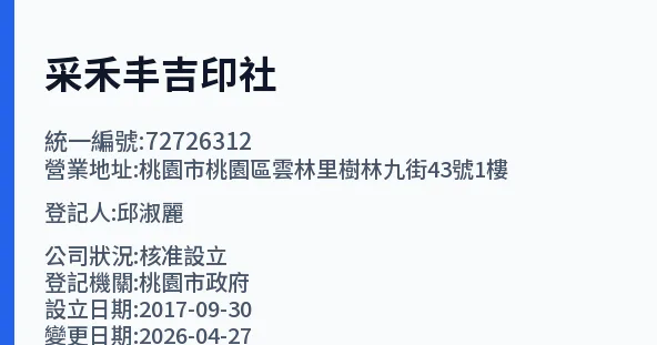 采禾丰吉印社的照片-統編 72726312(桃園市) 公司登記資料與營業項目詳細圖表