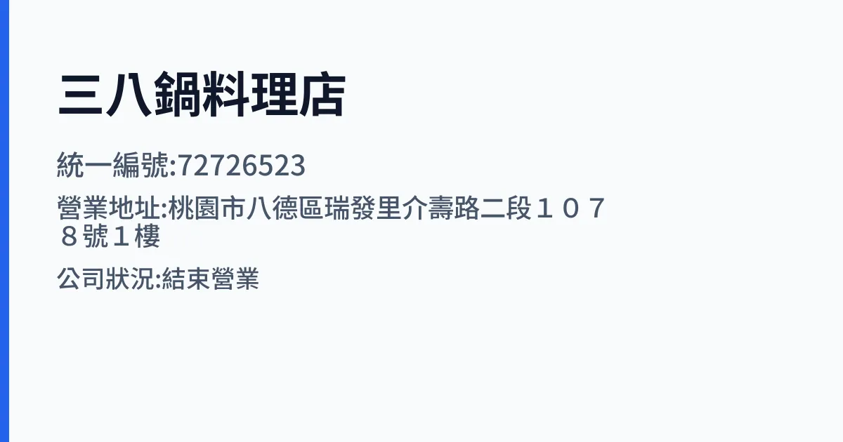 三八鍋料理店 - 統編 72726523（桃園市） 公司登記資料與營業項目詳細圖表