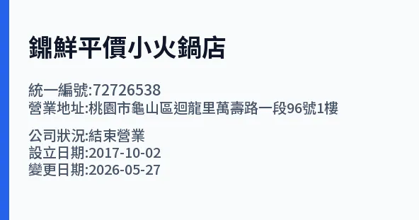 鐤鮮平價小火鍋店的照片-統編 72726538(桃園市) 公司登記資料與營業項目詳細圖表