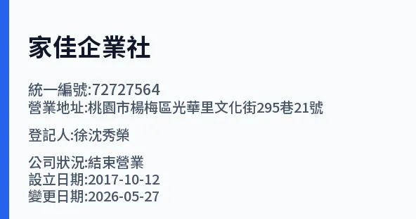 家佳企業社的照片-統編 72727564(桃園市) 公司登記資料與營業項目詳細圖表