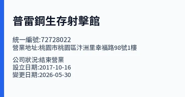 普雷鋼生存射擊館的照片-統編 72728022(桃園市) 公司登記資料與營業項目詳細圖表